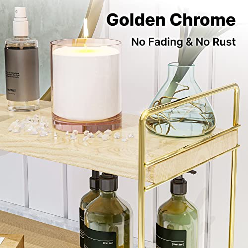 BENOLDY, Gold Metal 3 Tier Varnished Waterproof Wooden Stand, Multipurpose Organizer for Bathroom, Bedroom, Kitchen Countertop, Spice Rack, Coffee Station, Cup Holder, Tea Box Organizer