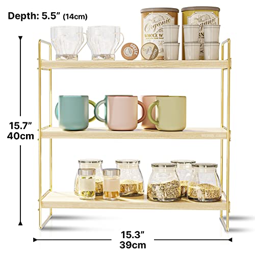 BENOLDY, Gold Metal 3 Tier Varnished Waterproof Wooden Stand, Multipurpose Organizer for Bathroom, Bedroom, Kitchen Countertop, Spice Rack, Coffee Station, Cup Holder, Tea Box Organizer