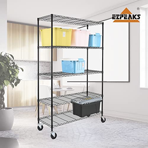 EZPEAKS 5-Tier NSF Certified Storage Shelves, Heavy Duty Steel Wire Shelving Unit with Wheels and Adjustable Feet, Used as Pantry Shelf, Garage or Bakers Rack Kitchen Shelving(18" DX48 WX72 H)