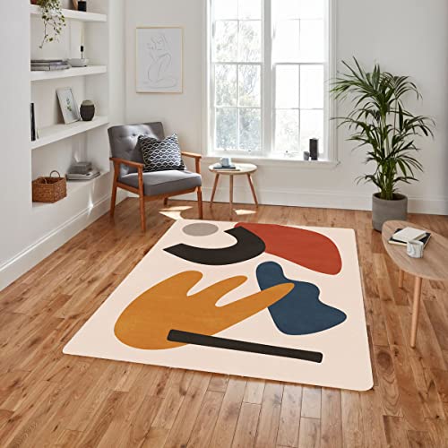 Mid-Century Modern Minimalist Soft Wool Area Rug 5x7 Yellow Black Ivory Turkish Stain Resistant Carpet for Living Room Bedroom Dining Room Thick No-Slip Art Deco Indoor Carpet