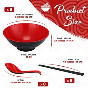 Eaasty 8 Set Ramen Bowl Japanese Style Ramen Bowls Melamine Noodles Bowl Asian Chinese Large Soup Bowls with Spoons and Chopsticks for Pho Udon Soba Asian Dishes Ramen Noodles, Black and Red