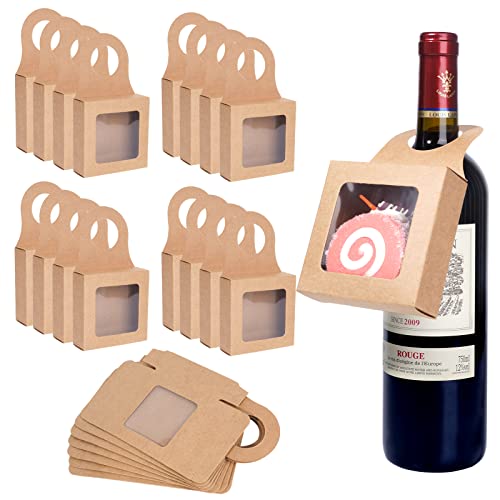 50 Count Wine Bottle Box with Window, Kraft Paper Wine Boxes for Gifts, Hanging Foldable Gift Boxes Bottle Hanger Favor Box for Decoration, Wine Box for Holding Candy Cookies (3.5 x 3.5 x 1.2 Inches)