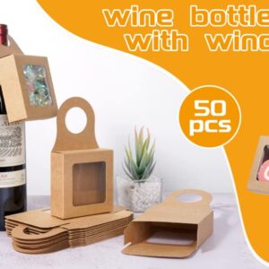 50 Count Wine Bottle Box with Window, Kraft Paper Wine Boxes for Gifts, Hanging Foldable Gift Boxes Bottle Hanger Favor Box for Decoration, Wine Box for Holding Candy Cookies (3.5 x 3.5 x 1.2 Inches)