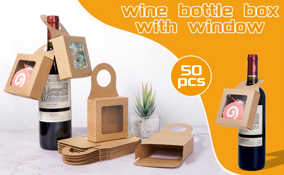 50 Count Wine Bottle Box with Window, Kraft Paper Wine Boxes for Gifts, Hanging Foldable Gift Boxes Bottle Hanger Favor Box for Decoration, Wine Box for Holding Candy Cookies (3.5 x 3.5 x 1.2 Inches)