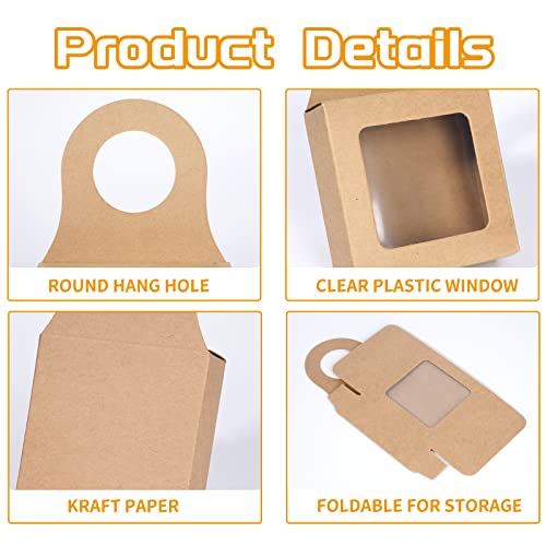 50 Count Wine Bottle Box with Window, Kraft Paper Wine Boxes for Gifts, Hanging Foldable Gift Boxes Bottle Hanger Favor Box for Decoration, Wine Box for Holding Candy Cookies (3.5 x 3.5 x 1.2 Inches)