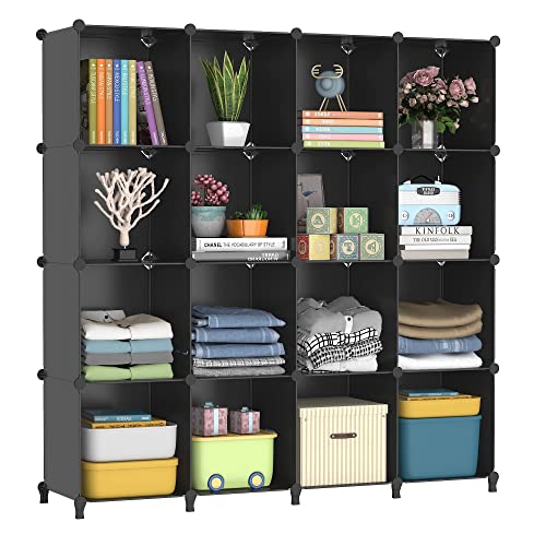 FUNLAX Cube Storage Shelf, 16 Storage Cubes Closet Organizers and Storage Portable Cube Storage Organizer Plastic Bookshelf Bookcase for Study Room, Bedroom, Office, Black