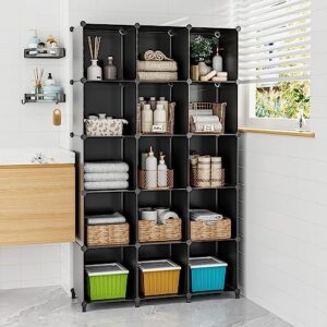 FUNLAX Cube Storage Shelf, 16 Storage Cubes Closet Organizers and Storage Portable Cube Storage Organizer Plastic Bookshelf Bookcase for Study Room, Bedroom, Office, Black