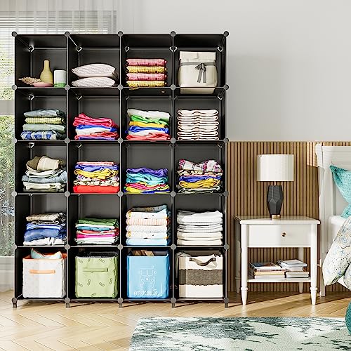 FUNLAX Cube Storage Shelf, 16 Storage Cubes Closet Organizers and Storage Portable Cube Storage Organizer Plastic Bookshelf Bookcase for Study Room, Bedroom, Office, Black