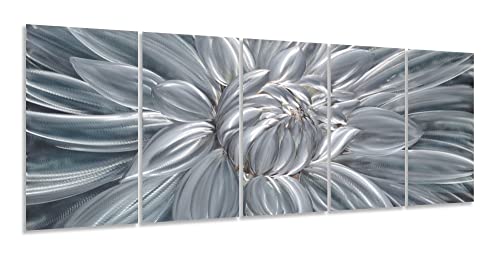 Yihui Arts Silver Metal Flower Wall Art, 5 Pieces Aluminum Artwork, Contemporary Botanical Sculpture for Living Room Bedroom Bathroom Decor