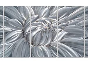 Yihui Arts Silver Metal Flower Wall Art, 5 Pieces Aluminum Artwork, Contemporary Botanical Sculpture for Living Room Bedroom Bathroom Decor