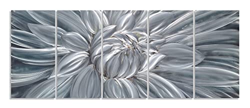 Yihui Arts Silver Metal Flower Wall Art, 5 Pieces Aluminum Artwork, Contemporary Botanical Sculpture for Living Room Bedroom Bathroom Decor