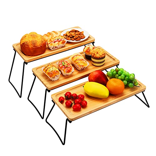 Bamboo 3 Tier Serving Tray with Iron Frame, Dessert Table Display Set and Cupcake Stand for Party, Rectangular Serving Tray Bamboo Farmhouse Layer Tray, Party Serving Decoration Tray