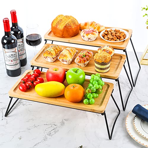 Bamboo 3 Tier Serving Tray with Iron Frame, Dessert Table Display Set and Cupcake Stand for Party, Rectangular Serving Tray Bamboo Farmhouse Layer Tray, Party Serving Decoration Tray