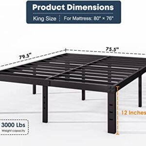 FSCHOS 12 Inch Metal Platform King Size No Box Spring Needed, Heavy Duty Bed Frame Easy Assembly, Noise Free, Black