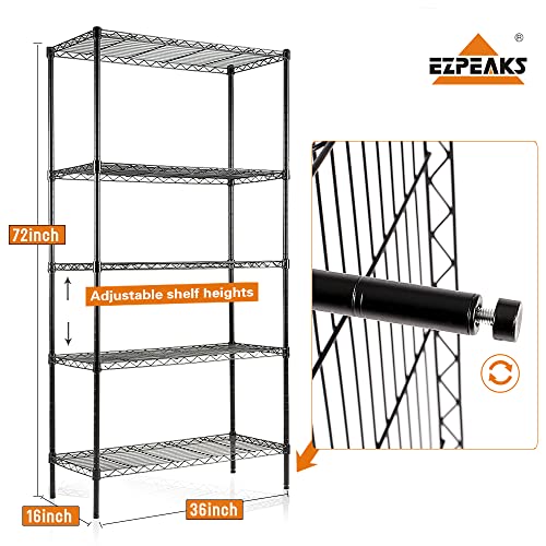 EZPEAKS 5-Shelf Shelving Unit with Shelf Liners Set of 5, Adjustable Storage Rack, Steel Wire Shelves, Shelving Units and Storage for Office Kitchen and Garage (35.5W X 15.8D X 71H)