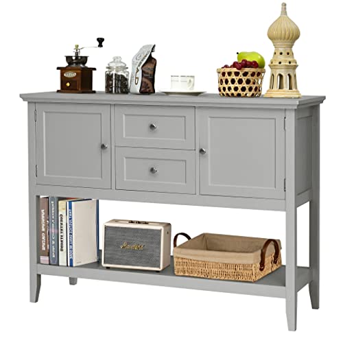 Harmony-Furniture Wooden Buffets and Sideboards, Buffet Cabinet with 2 Storage Drawers, Console Table w/Long Bottom Shelf & Pine Legs, Coffee Bar Cabinet for Kitchen, Dining Room (Grey)