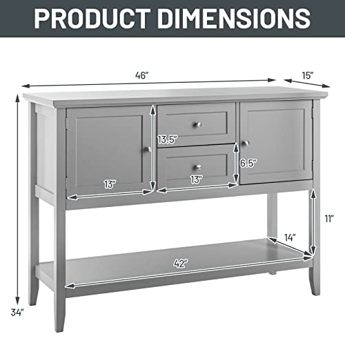 Harmony-Furniture Wooden Buffets and Sideboards, Buffet Cabinet with 2 Storage Drawers, Console Table w/Long Bottom Shelf & Pine Legs, Coffee Bar Cabinet for Kitchen, Dining Room (Grey)