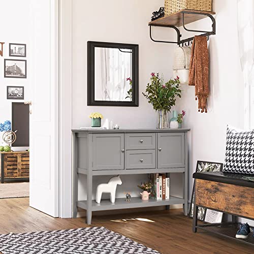 Harmony-Furniture Wooden Buffets and Sideboards, Buffet Cabinet with 2 Storage Drawers, Console Table w/Long Bottom Shelf & Pine Legs, Coffee Bar Cabinet for Kitchen, Dining Room (Grey)