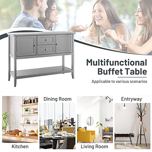 Harmony-Furniture Wooden Buffets and Sideboards, Buffet Cabinet with 2 Storage Drawers, Console Table w/Long Bottom Shelf & Pine Legs, Coffee Bar Cabinet for Kitchen, Dining Room (Grey)