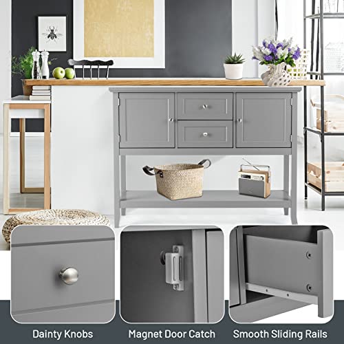 Harmony-Furniture Wooden Buffets and Sideboards, Buffet Cabinet with 2 Storage Drawers, Console Table w/Long Bottom Shelf & Pine Legs, Coffee Bar Cabinet for Kitchen, Dining Room (Grey)