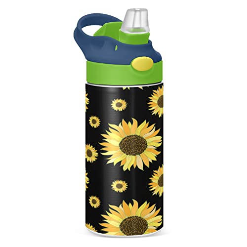 Black Sunflower Kids Water Bottle, BPA-Free Vacuum Insulated Stainless Steel Water Bottle with Straw Lid Double Walled Leakproof Flask for Girls Boys Toddlers, 12Oz