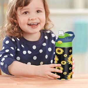 Black Sunflower Kids Water Bottle, BPA-Free Vacuum Insulated Stainless Steel Water Bottle with Straw Lid Double Walled Leakproof Flask for Girls Boys Toddlers, 12Oz