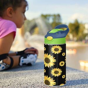 Black Sunflower Kids Water Bottle, BPA-Free Vacuum Insulated Stainless Steel Water Bottle with Straw Lid Double Walled Leakproof Flask for Girls Boys Toddlers, 12Oz