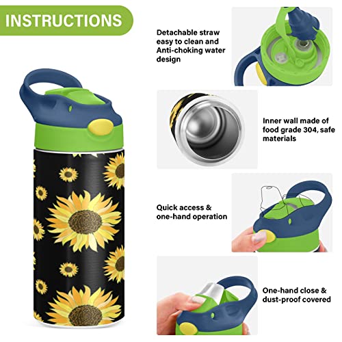 Black Sunflower Kids Water Bottle, BPA-Free Vacuum Insulated Stainless Steel Water Bottle with Straw Lid Double Walled Leakproof Flask for Girls Boys Toddlers, 12Oz