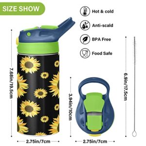 Black Sunflower Kids Water Bottle, BPA-Free Vacuum Insulated Stainless Steel Water Bottle with Straw Lid Double Walled Leakproof Flask for Girls Boys Toddlers, 12Oz