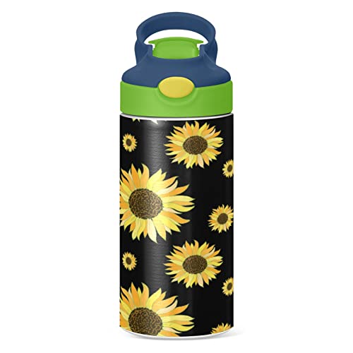 Black Sunflower Kids Water Bottle, BPA-Free Vacuum Insulated Stainless Steel Water Bottle with Straw Lid Double Walled Leakproof Flask for Girls Boys Toddlers, 12Oz