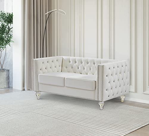 Melpomene Upholstered 60" Velvet Button Tufted Loveseat Sofa with Acrylic Legs,Luxury Chesterfield Sofa with 2 Pillows and Nailhead Trim Square Arms,Beige