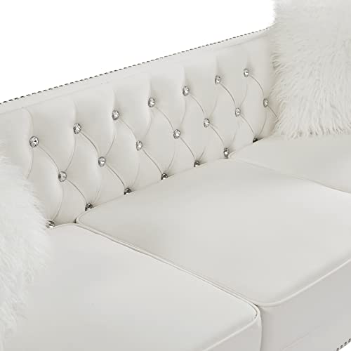 Melpomene Upholstered 60" Velvet Button Tufted Loveseat Sofa with Acrylic Legs,Luxury Chesterfield Sofa with 2 Pillows and Nailhead Trim Square Arms,Beige