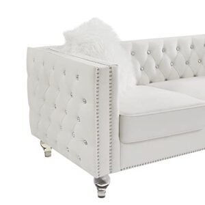 Melpomene Upholstered 60" Velvet Button Tufted Loveseat Sofa with Acrylic Legs,Luxury Chesterfield Sofa with 2 Pillows and Nailhead Trim Square Arms,Beige