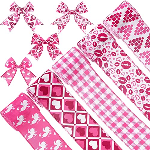 Kuscul 25 Yards Valentine Wired Edge Ribbons, 2 1/2 Inch Rose Pink Style Lips Love Heart Cupid Pattern Buffalo Plaid Ribbons for Valentine's Day Anniversary DIY Craft Wedding Party Wreath Bow