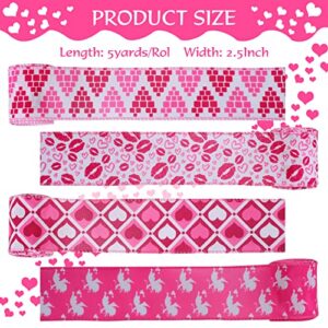 Kuscul 25 Yards Valentine Wired Edge Ribbons, 2 1/2 Inch Rose Pink Style Lips Love Heart Cupid Pattern Buffalo Plaid Ribbons for Valentine's Day Anniversary DIY Craft Wedding Party Wreath Bow