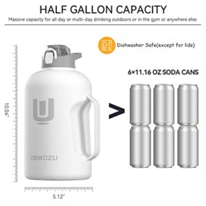 ZUWOZU Half Gallon Water Bottle Insulated,18/10 Stainless Steel,Dishwasher Safe,Double Walled Vacuum,Gallon Water Jug with Straw and Handle,Perfect for Gym,Hot&Cold Drinks (White, 67oz)