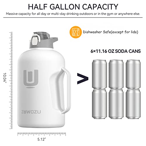 ZUWOZU Half Gallon Water Bottle Insulated,18/10 Stainless Steel,Dishwasher Safe,Double Walled Vacuum,Gallon Water Jug with Straw and Handle,Perfect for Gym,Hot&Cold Drinks (White, 67oz)