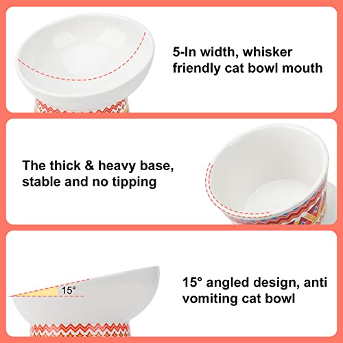 YauYik Raised Cat Food Bowls - Ceramic Tilted Cat Food and Water Bowl Set - Elevated Pet Feeding Bowls Stress Free for Kitten Elder Cats Small Dogs, Anti Vomiting, Neck Protection, Set of 2