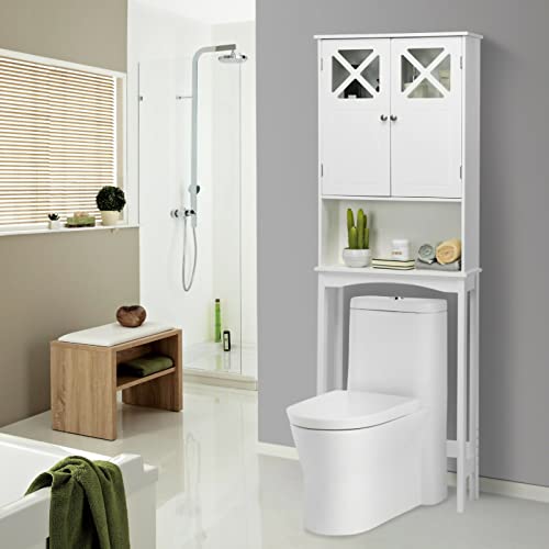 TUOCHUFUN Over The Toilet Bathroom Storage Cabinet - with 4 Open Compartments, Adjustable Shelves (White)