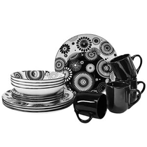 16 pieces dinnerware set, stoneware, plates and bowls sets, service for 4, porcelain, decorated mod dot black, microwave dishwasher safe, chip resistant, for everyday casual kitchen and formal dinner