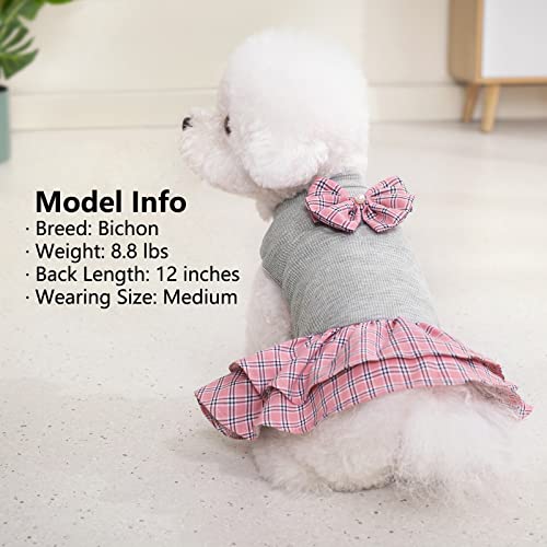 KYEESE Dog Dress Plaid with Bowknot Light Weight Pet Apparel for Small Dogs Cats Puppy Dog Outfits, Grey M