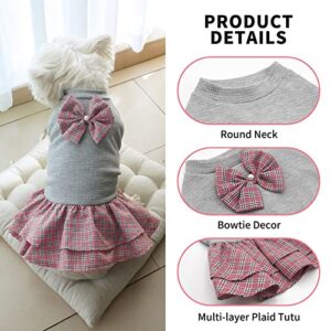 KYEESE Dog Dress Plaid with Bowknot Light Weight Pet Apparel for Small Dogs Cats Puppy Dog Outfits, Grey M