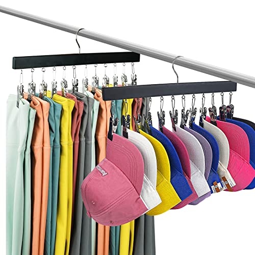 Pant Organizer for Closet, Knaive 2 Pack Pants Hangers Space Saving with 24 Strong Grip Clips Holds Leggings/Jeans/Hats/Wigs, Closet Organizer and Storage, Black Wood Hanger for Women Gift