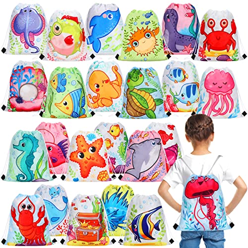 24 Pcs Sea Animal Drawstring Bags Backpack Sea Life Party Gift Ocean Party Favor Bags Goodie Bag Under the Sea Party Favor Bags for Kids Girls Birthday Party Celebration Decorations