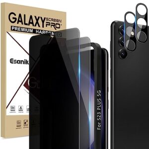 esanik [2+2 pack] privacy screen protector for samsung galaxy s23+/s23 plus 5g 6.6-inch [not for s23 ultra/s23 5g] anti spy pet film(not glass) with easy installation frame + camera lens protector fingerprint id compatible