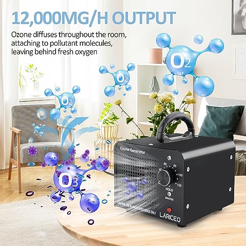 LARICEO 12000mg/h High Capacity Ozone Generator, Home and Commercial Ozone Machine Odor Removal, Ideal for Car, Home, Smoke, Pet, etc (Black)