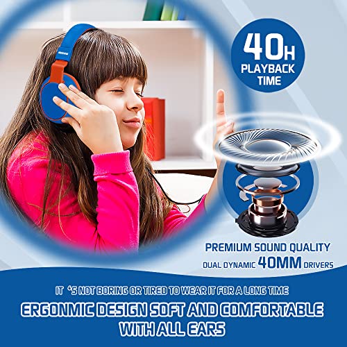 MIDOLA Headphones Kids Bluetooth Wireless Volume Limited 85/110dB Over On Ear Foldable Noise Protection Headset/Wired Inline Cable AUX 3.5mm Mic for Child Boy Girl Travel School Pad Tablet Blue