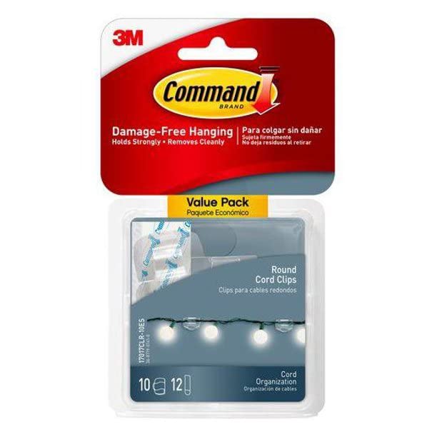 Command Clear Cable Clips - Plastic Adhesive Cord Clips for String Lights, Christmas Decorations, Wall, Office or Home Wires, 20 3M Clear Hooks, 24 Adhesive Strips and Wholesalehome Hook Torpedo Level