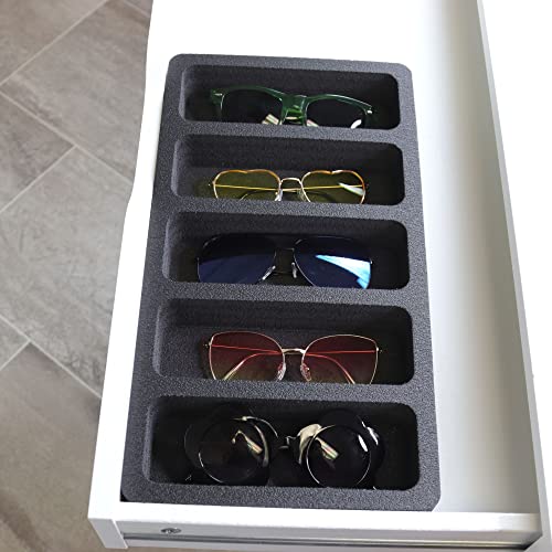 Polar Whale Sunglasses Drawer Organizer Tray Insert for Home Bedroom Bathroom Vanity Dresser Counter Table Waterproof Washable Black Foam 5 Compartment 8.25 x 15.5 Inches