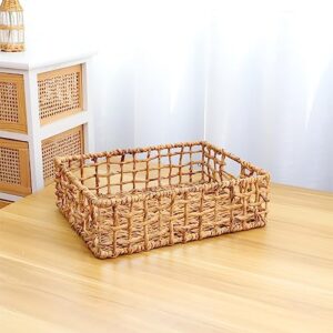 YRMT Water Hyacinth Storage Basket Wicker Baskets for Organizing Hollow Woven Basket with Built-in Handles for Shelves/Pantry 16" x 12" x 5.5" Natural